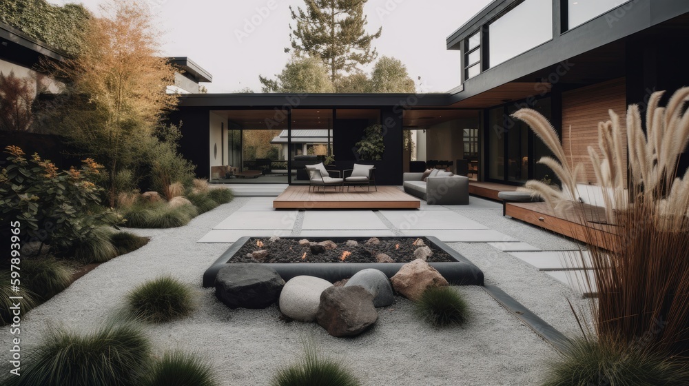 A clean-lined backyard with a minimalist fire pit and low-maintenance ...