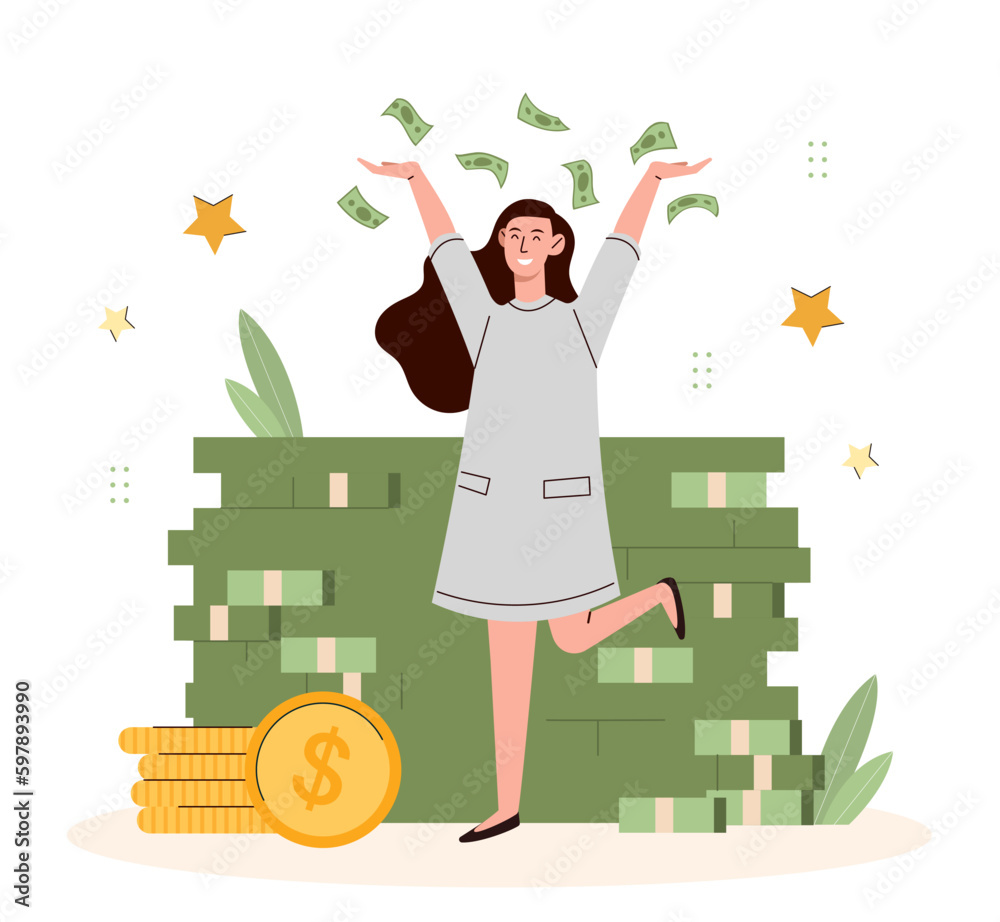 Woman with money. Young girl rejoices with banknotes and gold coins ...