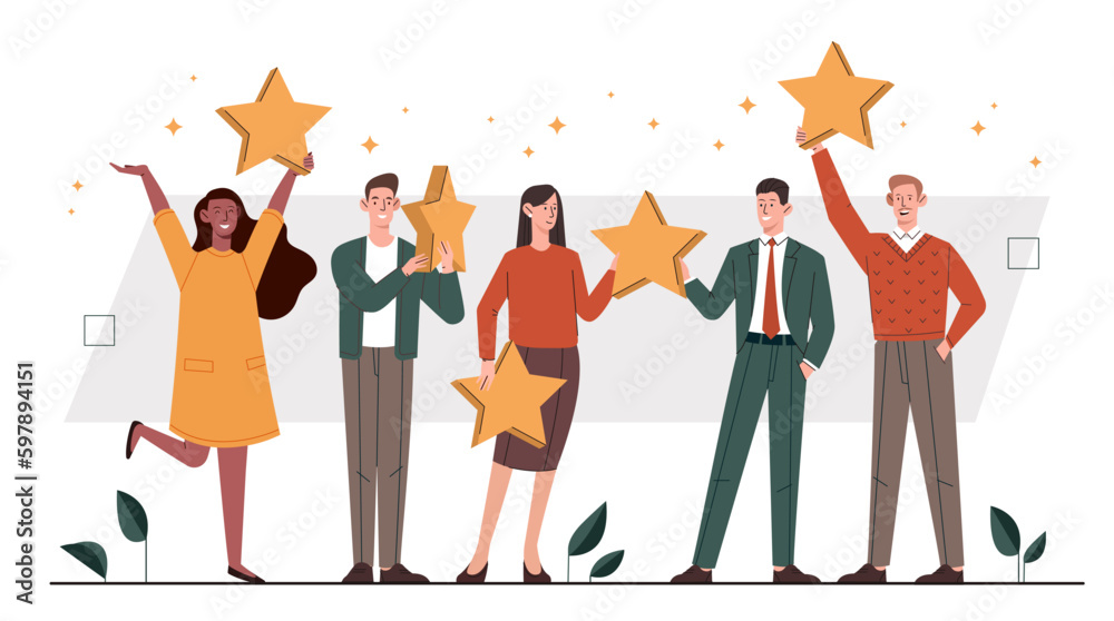 Concept of feedback. Men and women stand with stars in their hands ...