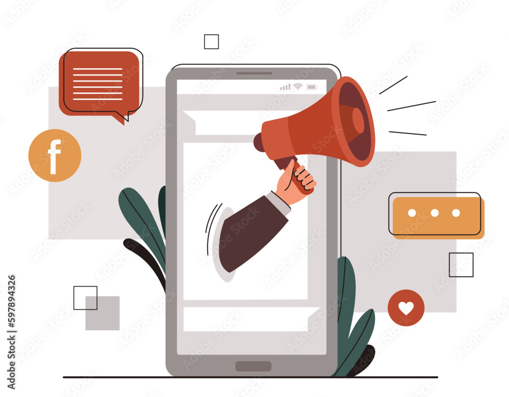 Notification on smartphone screen. Hand with loudspeaker, metaphor for ...