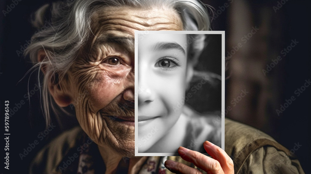 Elderly Woman With Wrinkled Skin Portrait Holding A Photo of Herself As ...