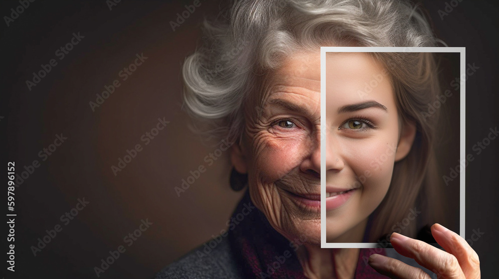 Elderly Woman With Wrinkled Skin Portrait Holding A Photo of Herself As ...