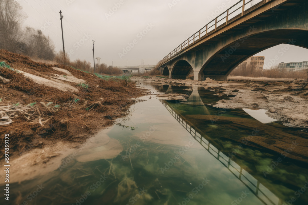 old bridge over a polluted river. water pollution concept. AI ...