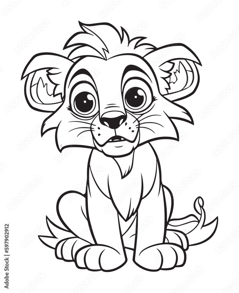Hand drawn vector coloring page of cartoonish lion pup. Coloring page ...