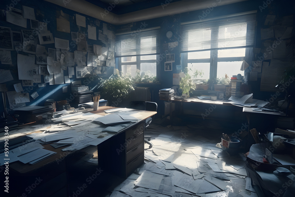 Messy abandoned office after company shut down: the desk is cluttered ...