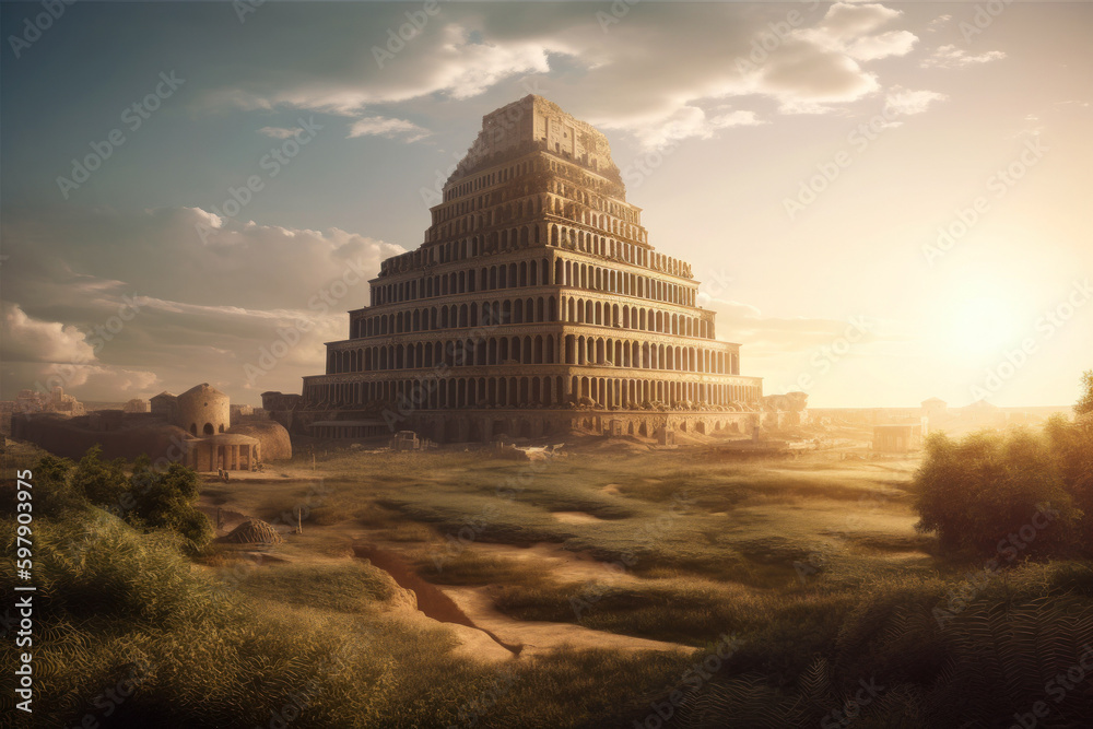 Ancient city of Babylon with the tower of Babel, bible and religion. AI ...