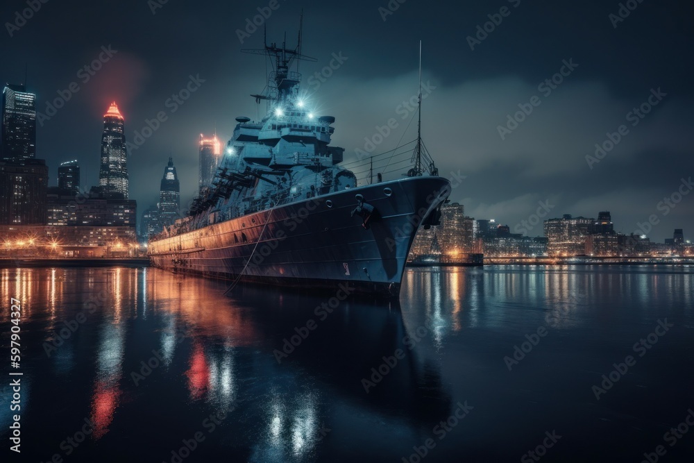 Warship at night. Background with copy space for text. AI generated ...