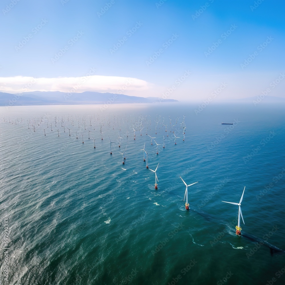 Offshore Windmill farm in the ocean, windmills isolated at sea on a ...