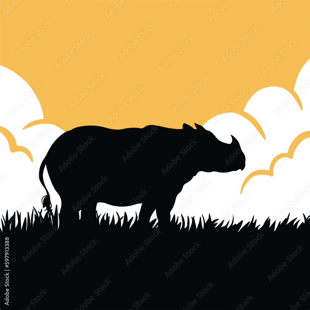 Rhinoceros badak wild animal vector silhouette isolated on orange ...