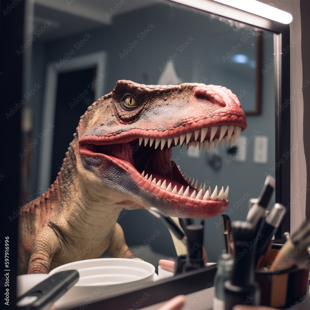 Little tyrannosaurus rex doing makeup in front of a vanity mirror Stock ...