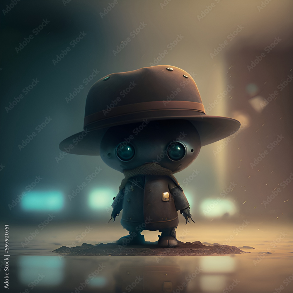 Little robot wearing a detective hat, blurred background, futuristic ...