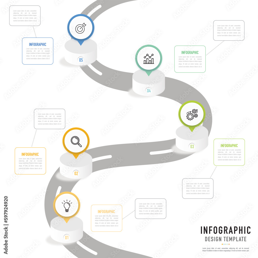 Isometric roadmap infographic template or element with 5 step, process ...