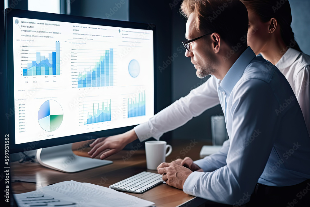 Business person analyzing accounting data on a laptop screen, concept of data visualization ...