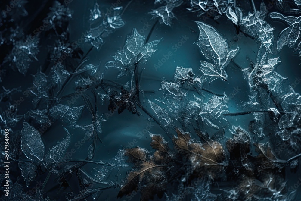 Mysterious Frozen Crystal Pattern: Dark Blue Ice and Leaf Texture from ...