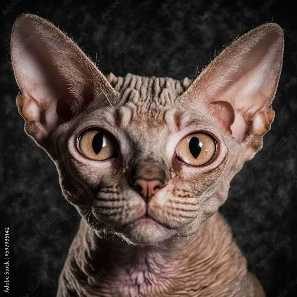 Studio shot with cute devon rex cat portrait with the curiosity and ...
