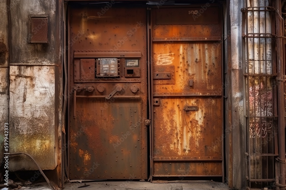 Old rusty metal door front view from distance created by generative AI ...