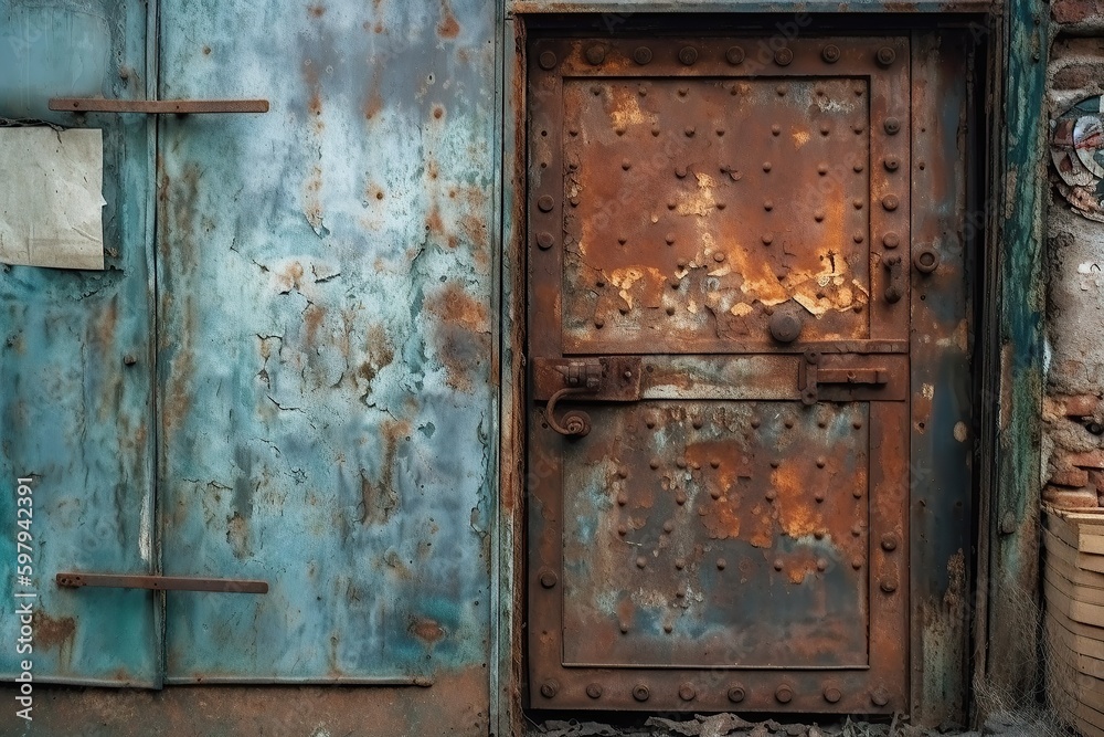 Old rusty metal door front view from distance created by generative AI ...