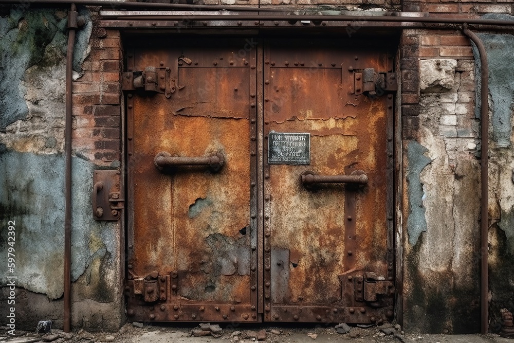 Old rusty metal door front view from distance created by generative AI ...