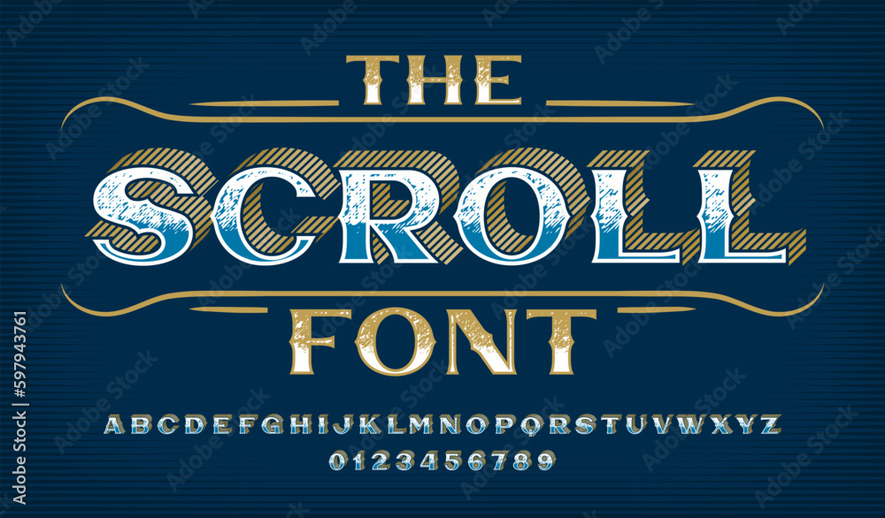 Scroll alphabet font. Vintage distressed letters and numbers. Stock ...