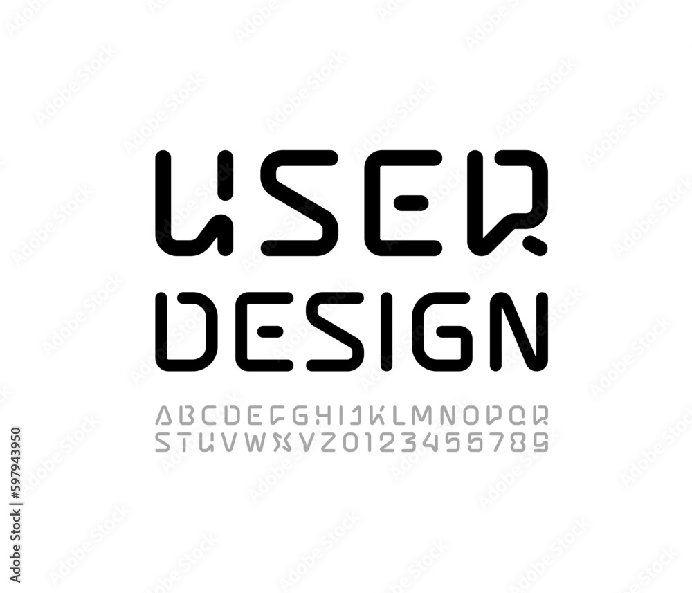 Technical font, digital alphabet, trendy rounded uppercase Latin ...