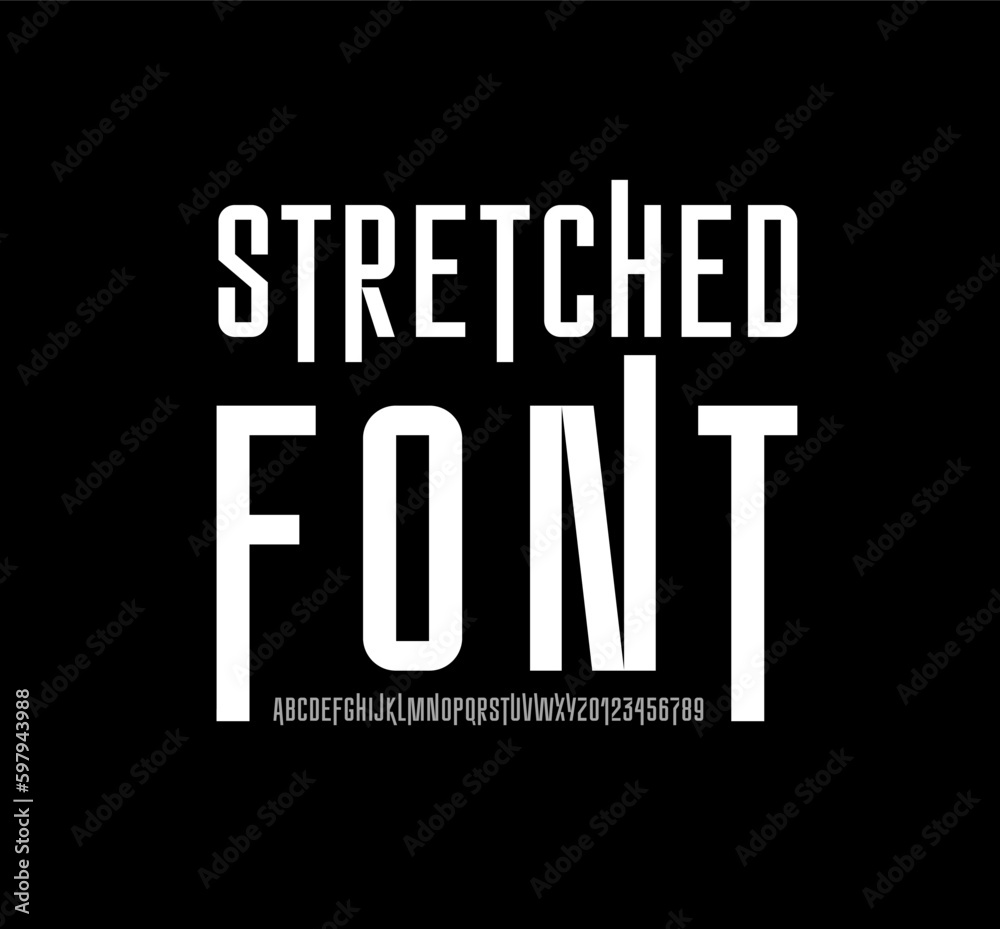 Condensed bold font, narrow alphabet, stretched letters and numbers ...