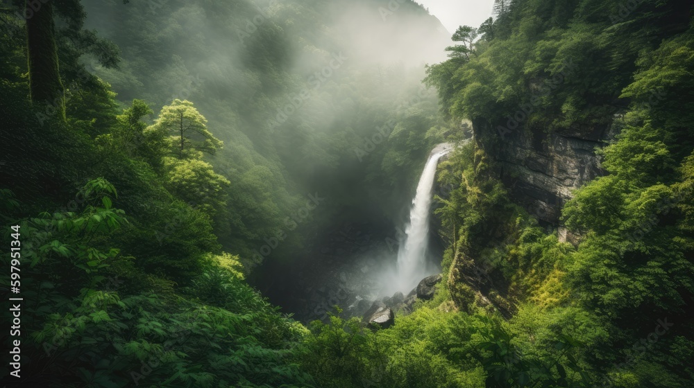A dynamic and energetic view of a powerful waterfall crashing down into ...