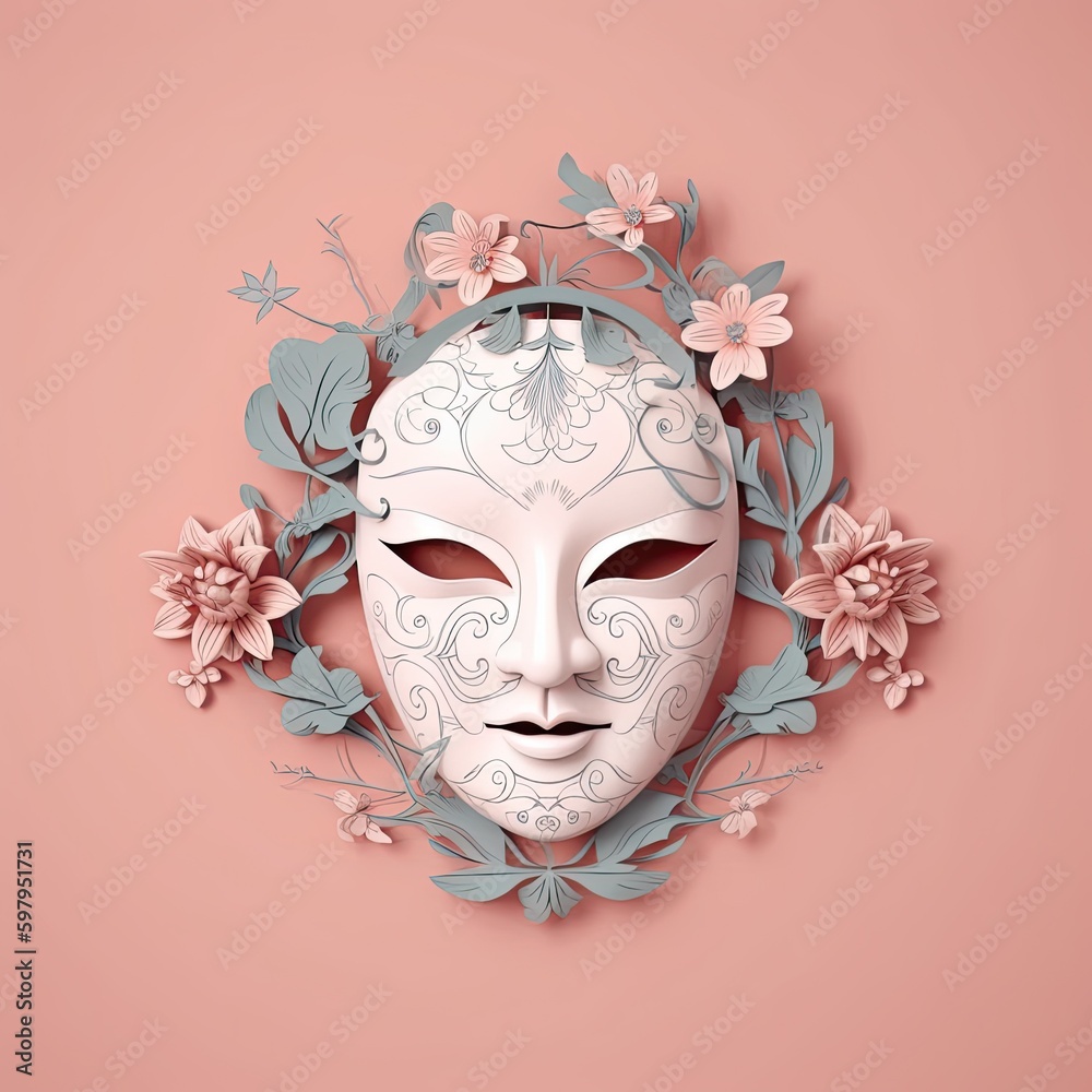 A traditional Korean mask with a delicate floral pattern isolated on a ...