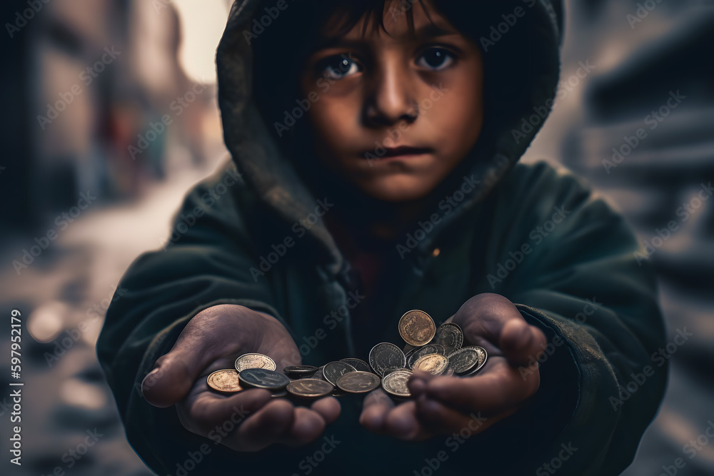 Poor beggar hungry child boy ragged in torn clothes with an ...