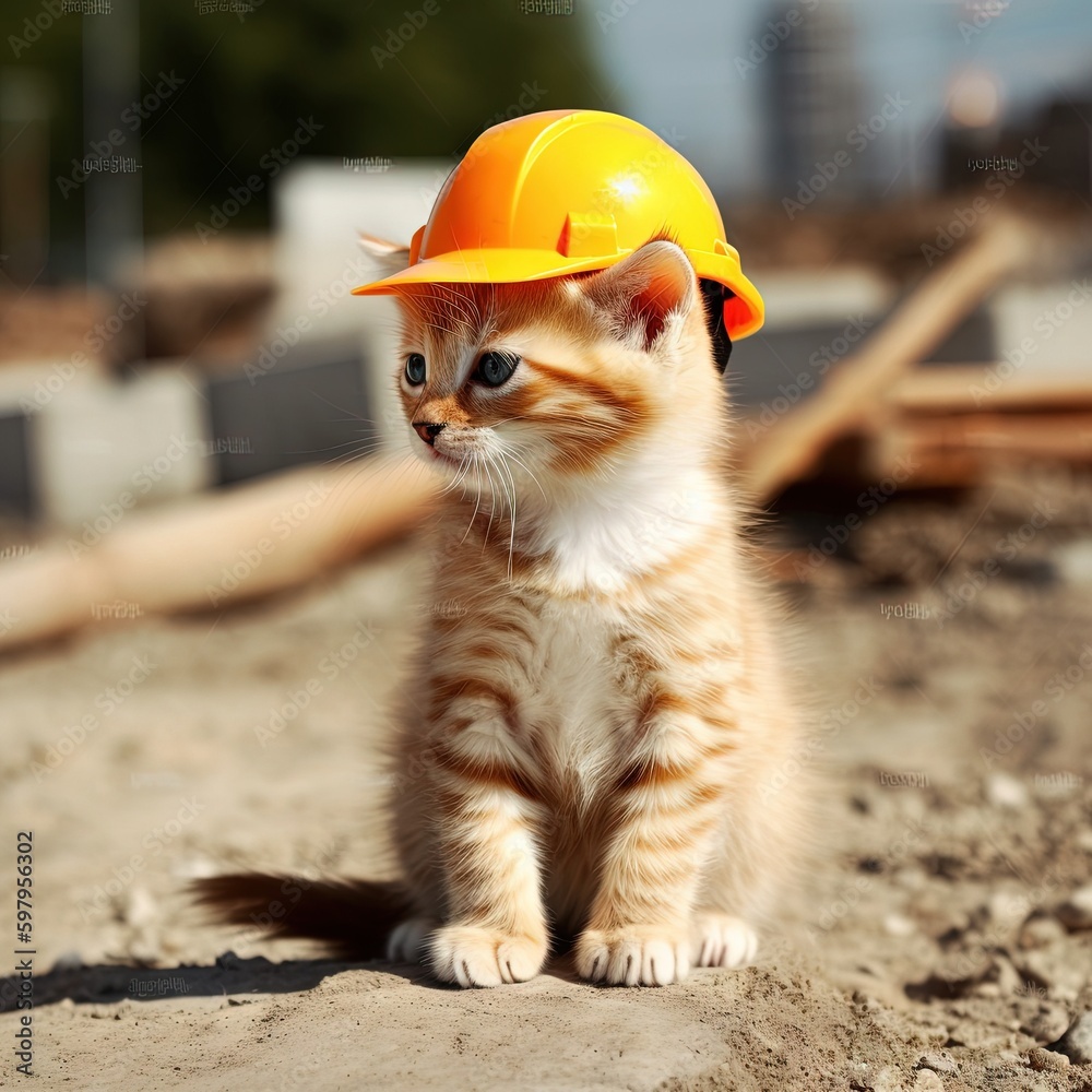 kitten dressed in a construction safety vest and wearing a hard hat ...
