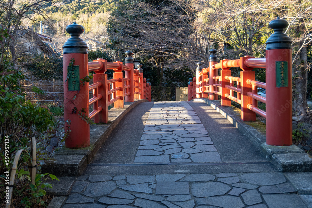 Japanese red bridge named Kaedebashi in Shuzenji, Izu Stock Photo ...