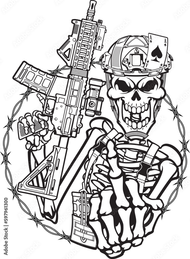 Skeleton soldier shows middle finger wearing military gear and holding ...