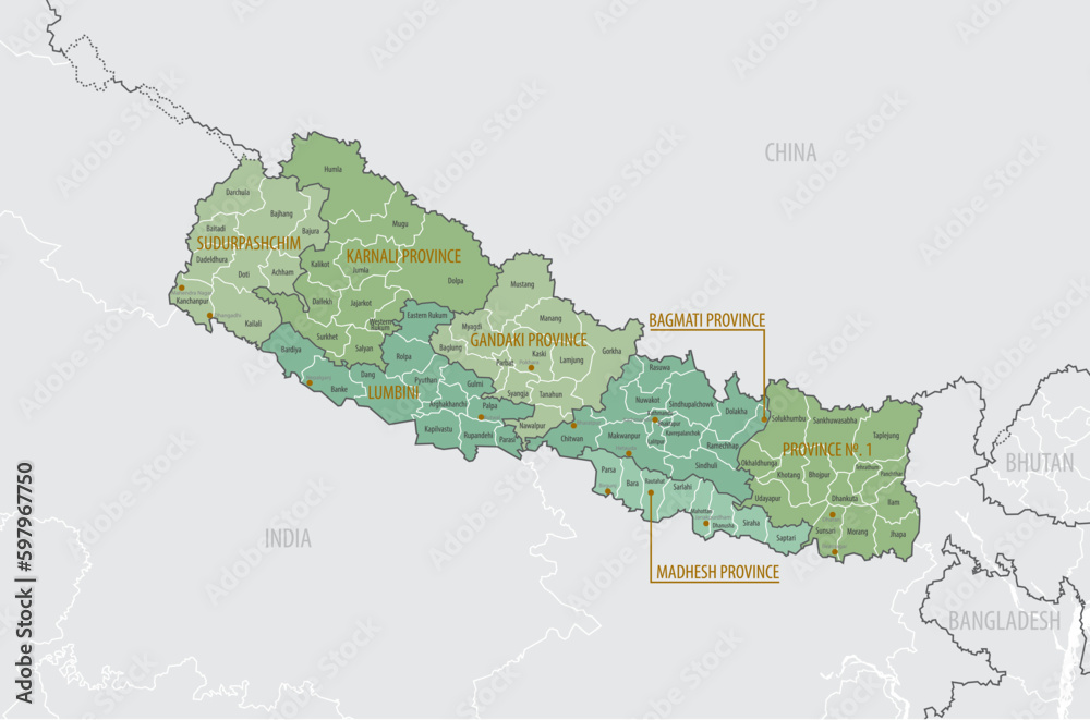 Detailed map of Nepal with administrative divisions into Provinces and ...