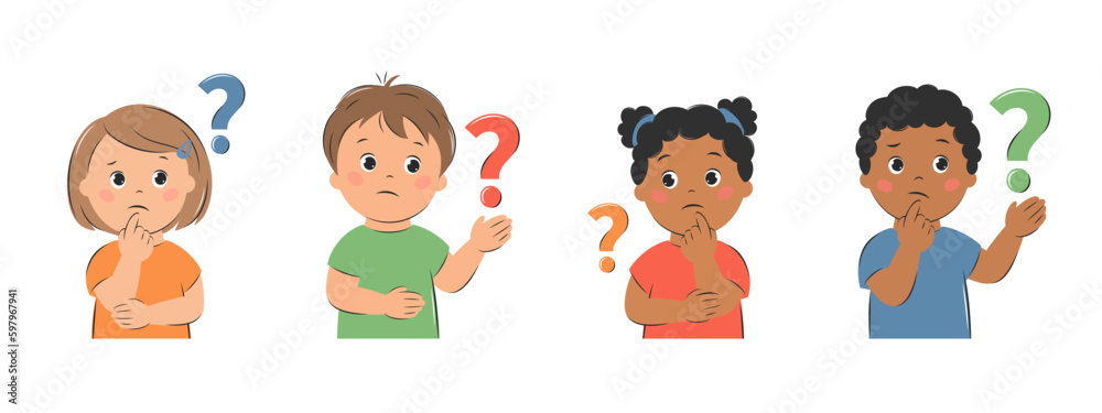 Different children ponder the question. Cartoon characters girl and boy ...