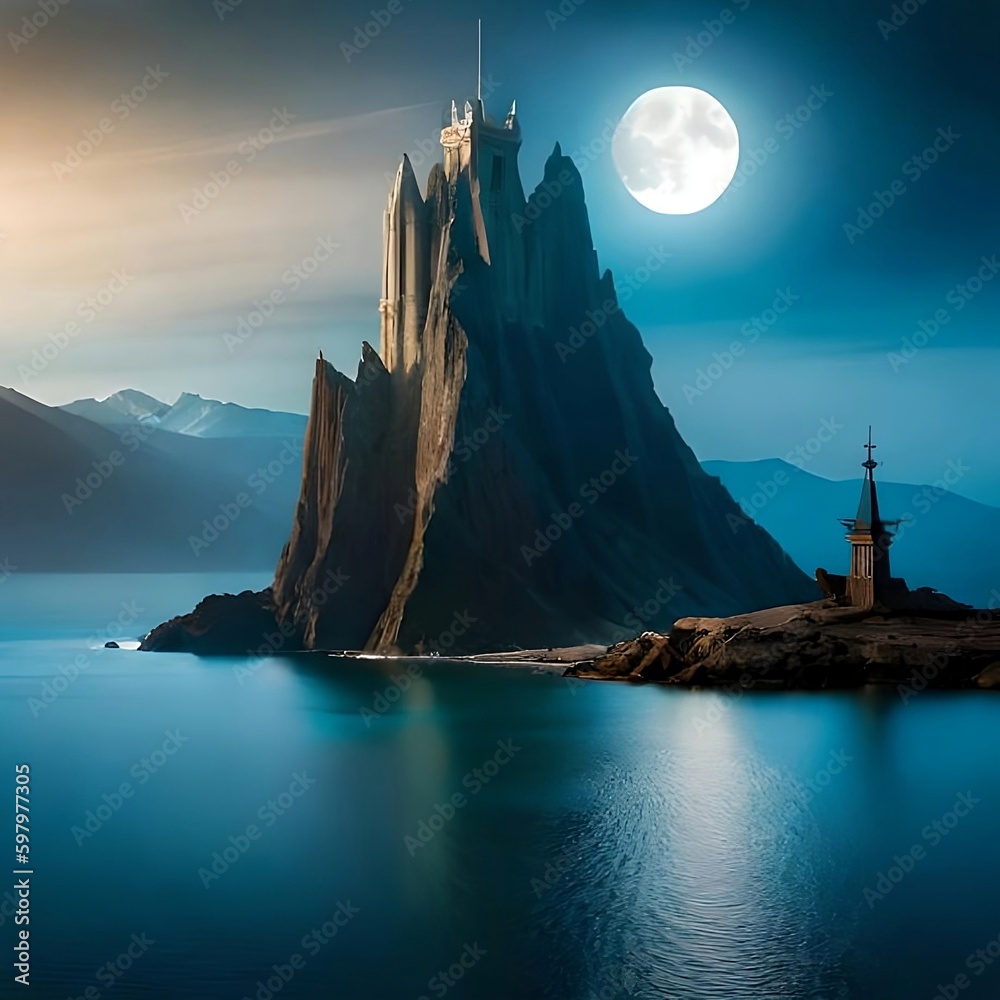 mighty Tower of Asgard on a rock surrounded by the sea thin suspension ...