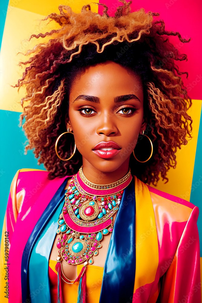 A beautiful, dark-skinned woman in a bright outfit and a colorful ...
