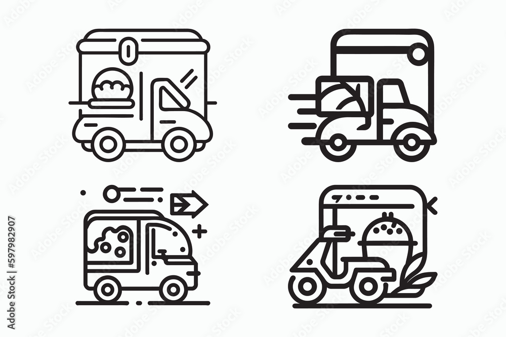 Food Delivery Icon set, line art Black And White food delivery service ...