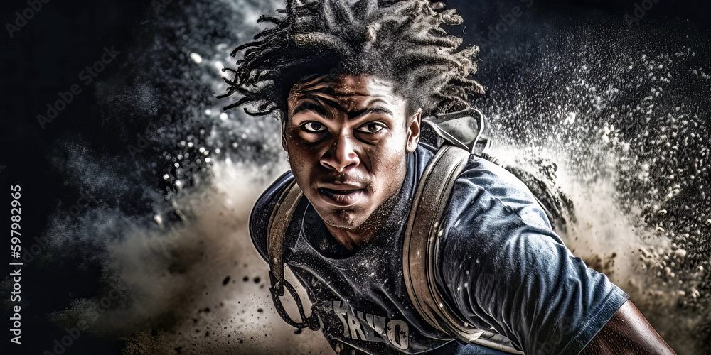 Man in an action pose with splashing water around him, active and ...