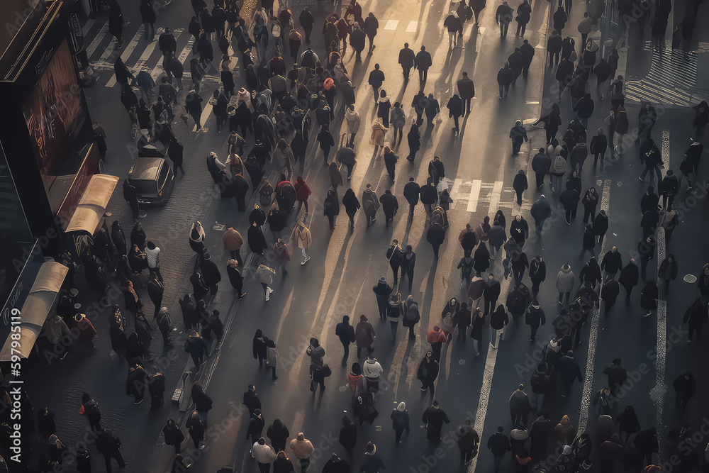 People crowd on pedestrian crosswalk. Top view background. AI Stock ...
