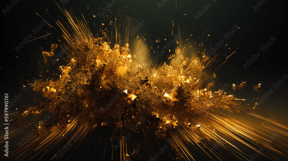 Golden explosion of dynamic 3D shapes and particles, perfect for a bold ...