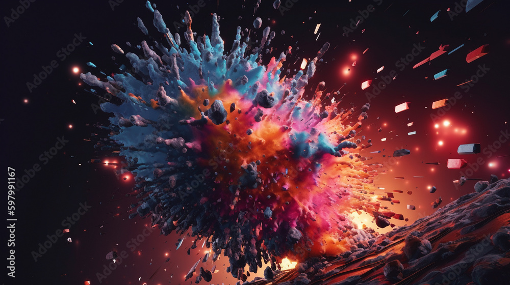 Colorful 3D abstract design with explosive shapes and particles that ...
