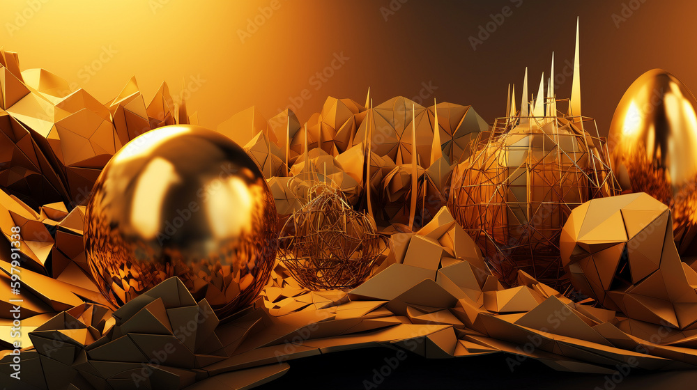 Golden geometric explosion - 3D abstract composition with dynamic ...