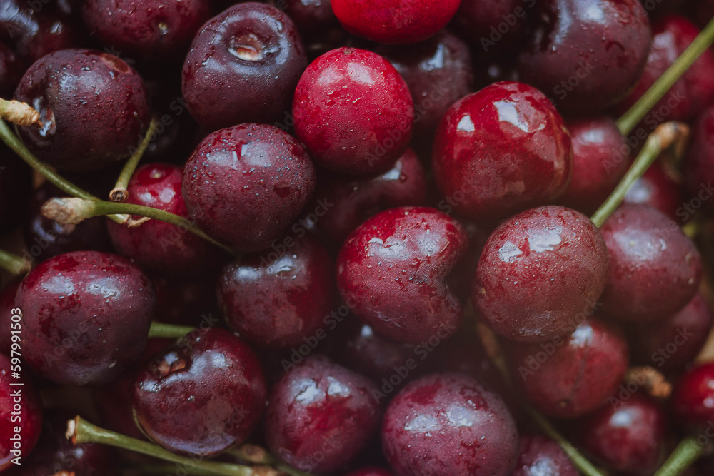 Cherries. Cherry background. Fruit background. Wet cherry with leaves ...