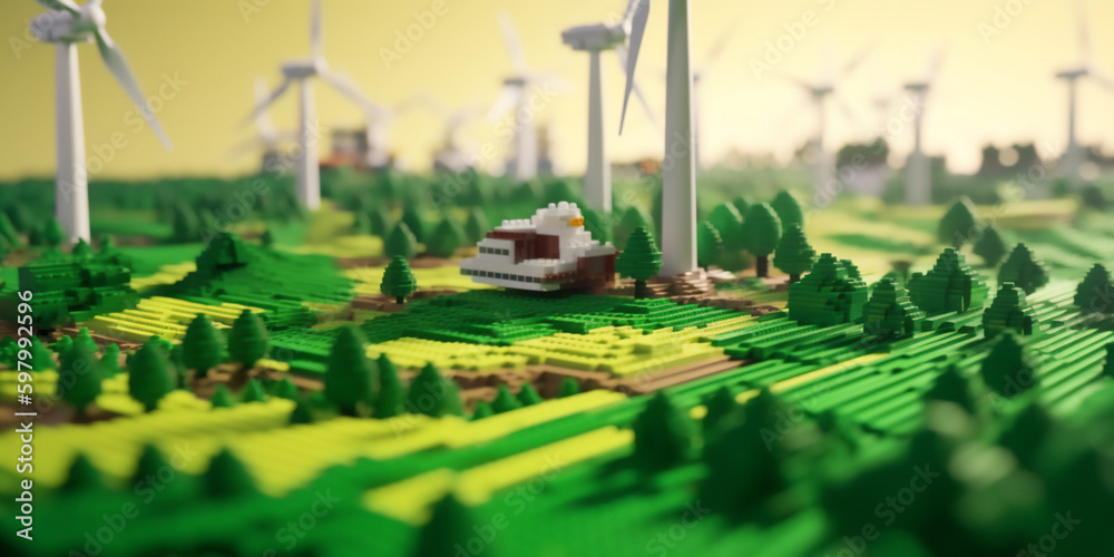 Fotografía green fields with wind farms and solar panels from Bricks ...