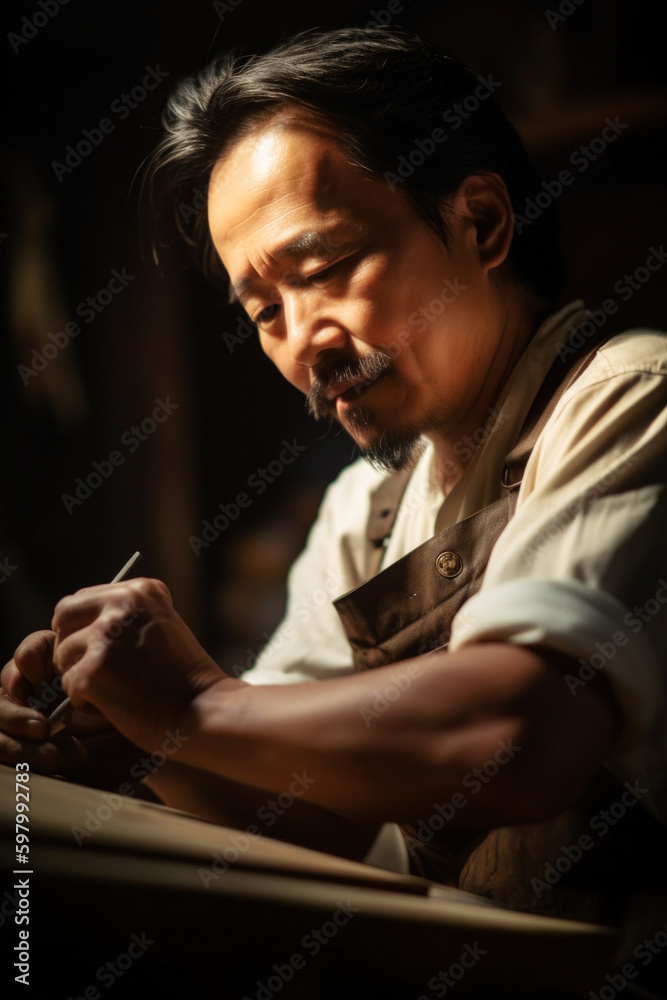 In his humble workshop, a skilled Japanese carpenter, wise with age ...