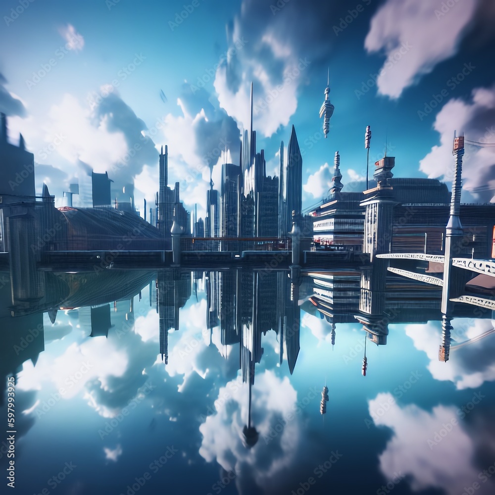 Cloudy cityscape with floating buildings and bridges connecting them ...