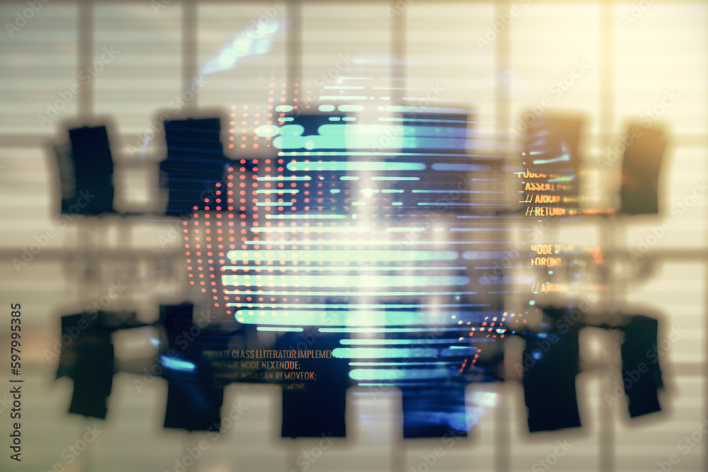 Abstract virtual coding illustration and world map on a modern ...