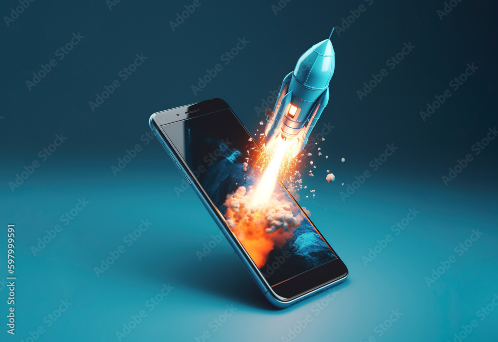 Rocket coming out of a mobile phone ,blue background. Generative AI ...