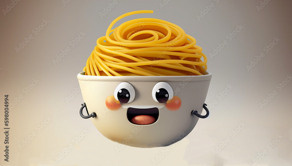 Cute Cartoon Bowl of spaghetti Character on a White Background ...