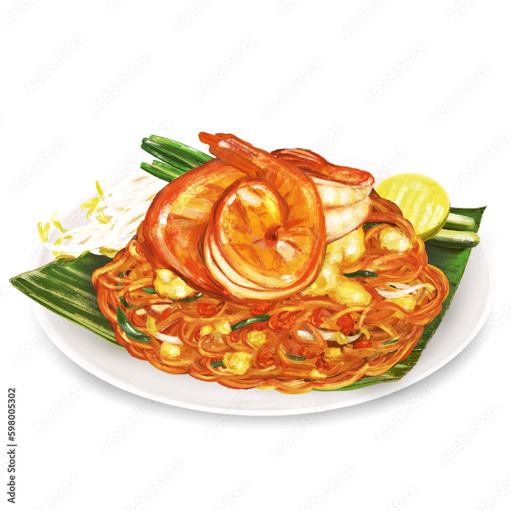 Pad Thai, Phad Thai, Fried noodle Thai style with prawns, Thai Food, drawing png file. Stock ...