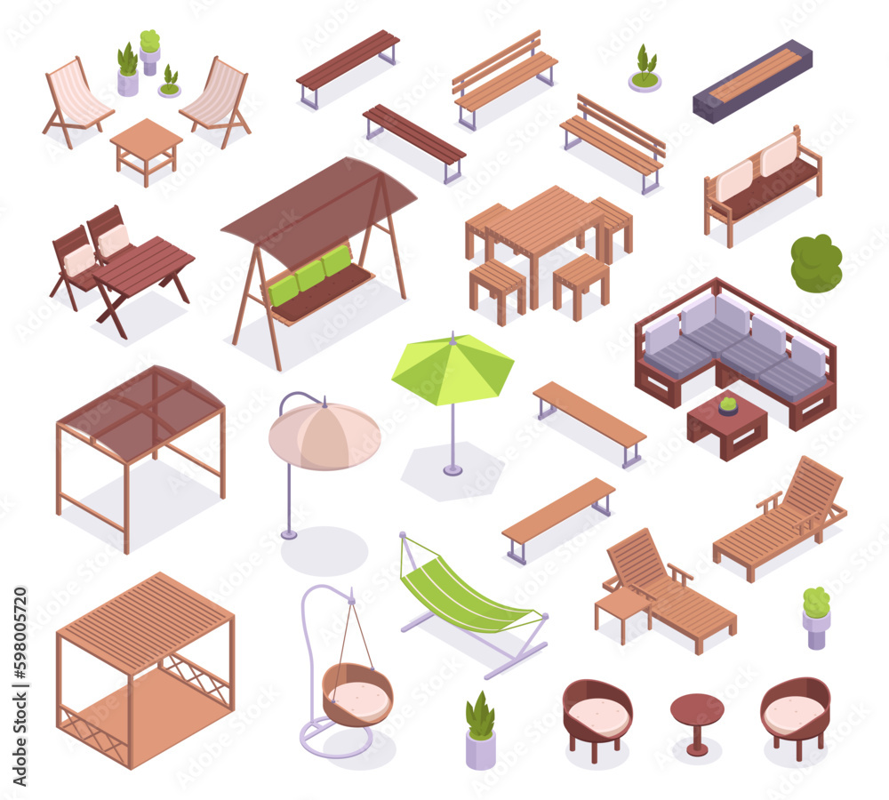 Isometric garden furniture. Chairs, umbrella, hammock and table ...